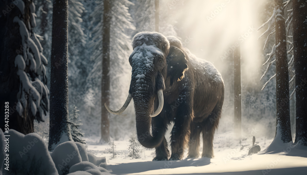 Woolly mammoth with sunlight, prehistoric animal in landscape frozen ...