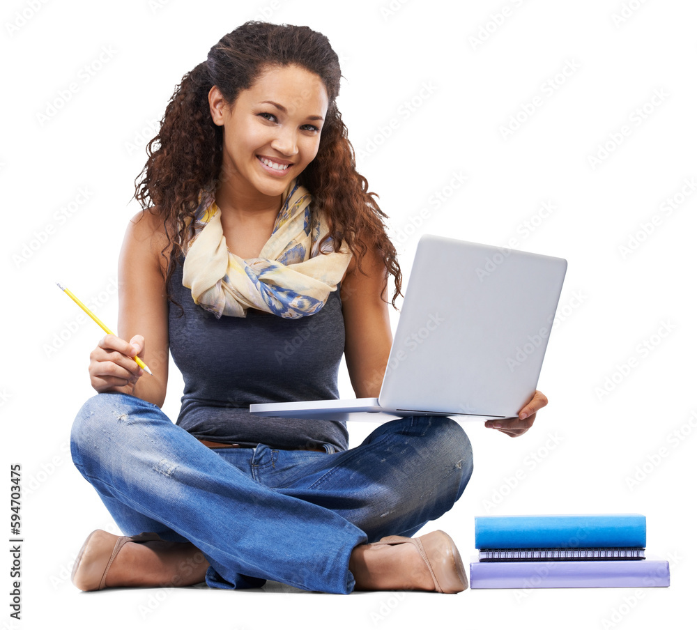 Laptop, books and woman portrait isolated on transparent, png ...