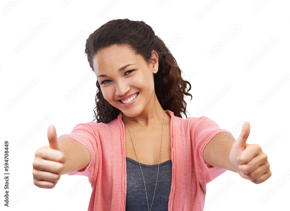 Thumbs up, agreement and hands, portrait of happy woman isolated on ...