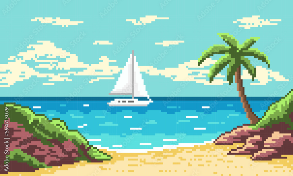 Pixel tropical beach with white sailboat on waves background. Blank ...