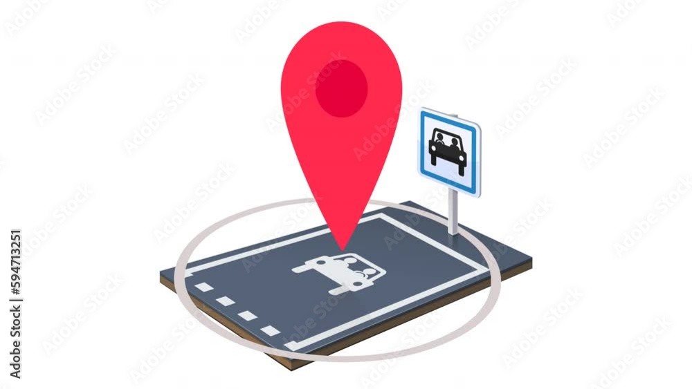 Looping animation of a red map location marker hopping over a parking ...