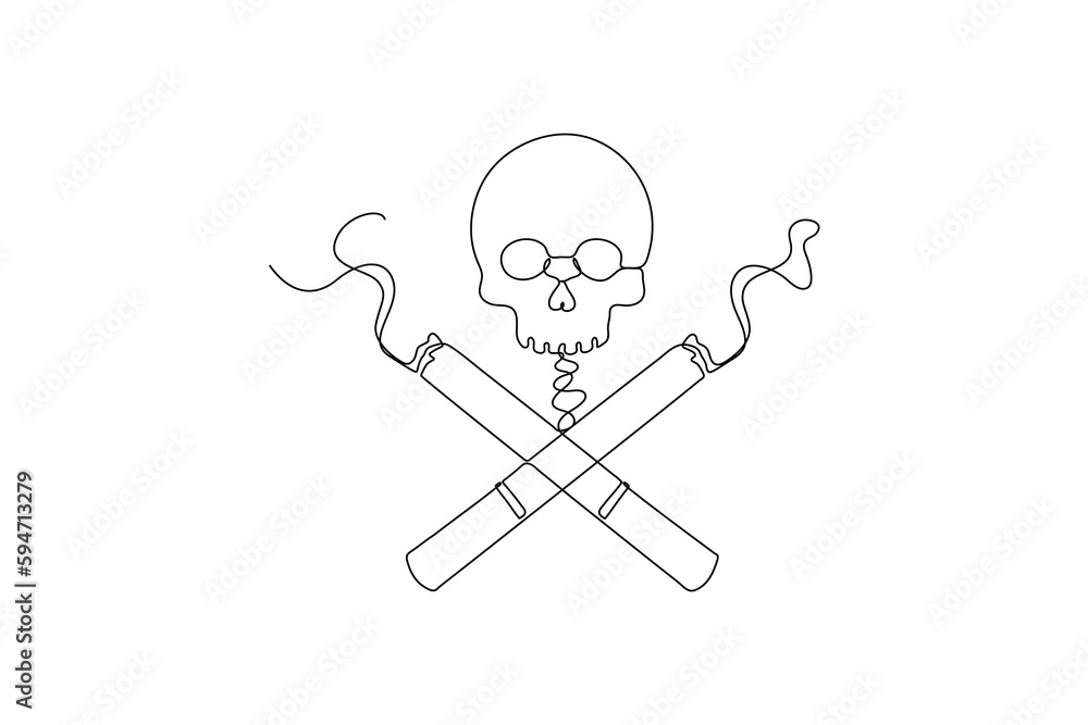 Single one line drawing tobacco cigarettes and skulls. No tobacco day ...