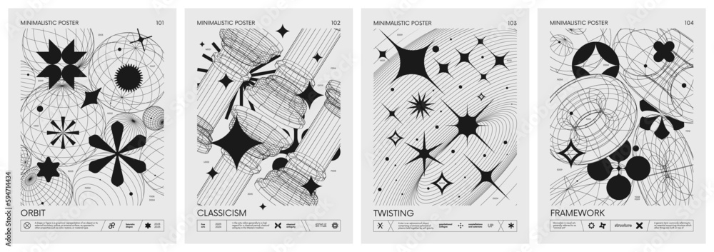Poster Futuristic retro vector minimalistic Posters with 3d strange ...