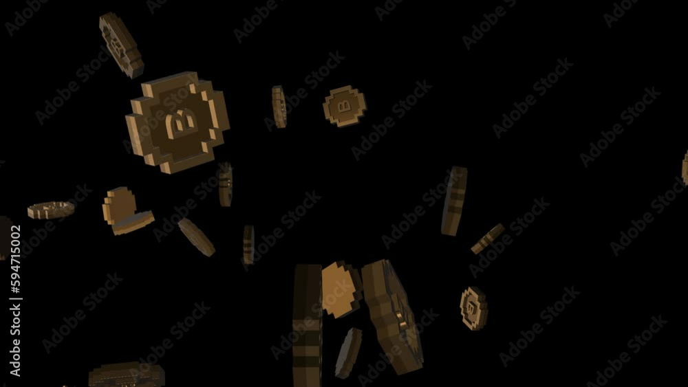 Pixel coin animation. Gold coins fly out of the right side of the frame ...
