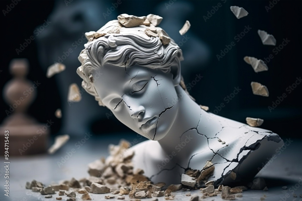 Broken ancient greek statue woman head falling in pieces. Broken marble ...