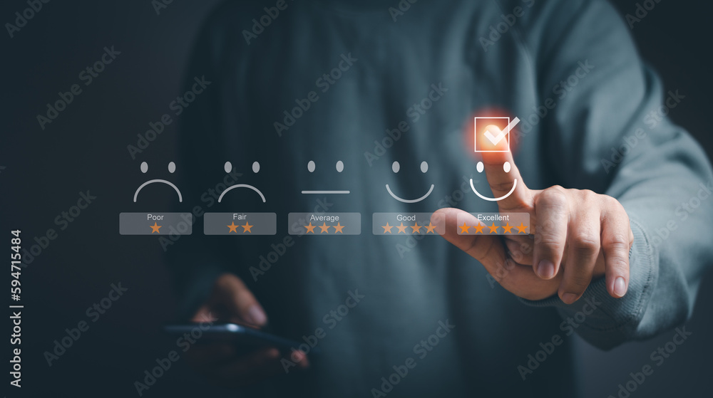 Foto de concept, satisfaction and customer service, man finger touching ...