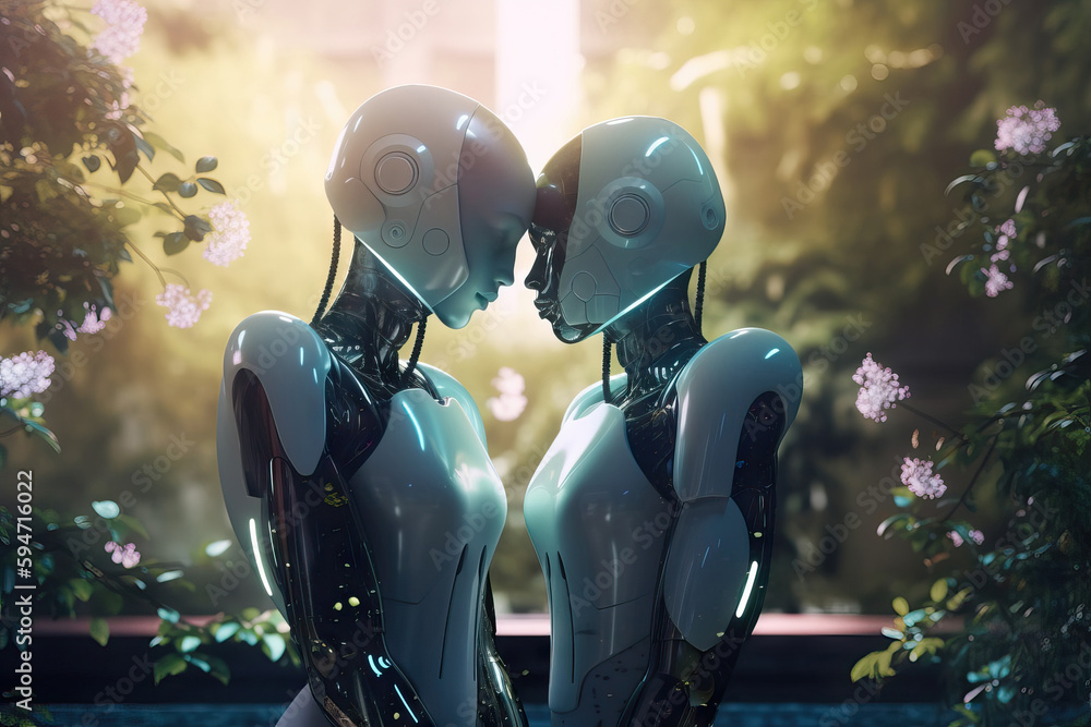 AI generated illustration of side view of romantic lesbian couple of robots touching foreheads ...