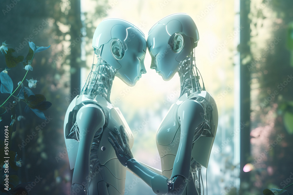 AI generated illustration of side view of romantic lesbian couple of robots touching foreheads ...