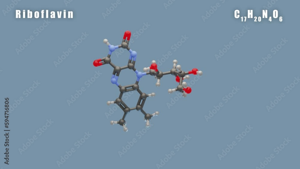 Riboflavin of C17H20N4O6 3D Conformer animated render. Food additive ...