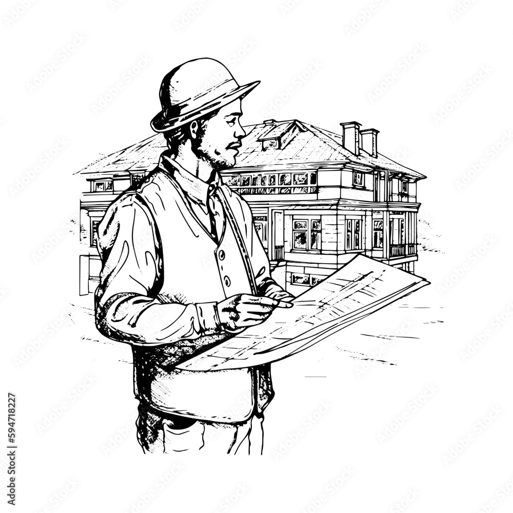 Hand drawn illustration of architect in engraved style isolated on ...