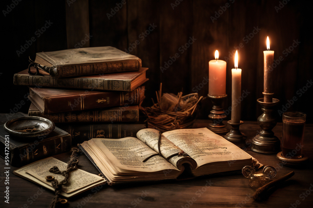 Astrologist old desk with divination and hermetic ritual objects ...