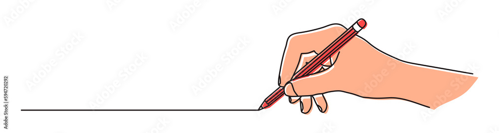 Hand holding a pencil and drawing a line. Hand drawn with thin line ...