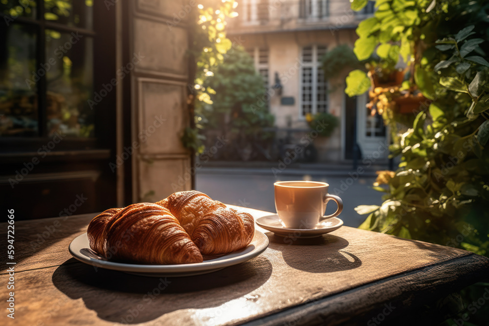 Café et croissant au beurre posé sur une table à la terrasse d'un ...