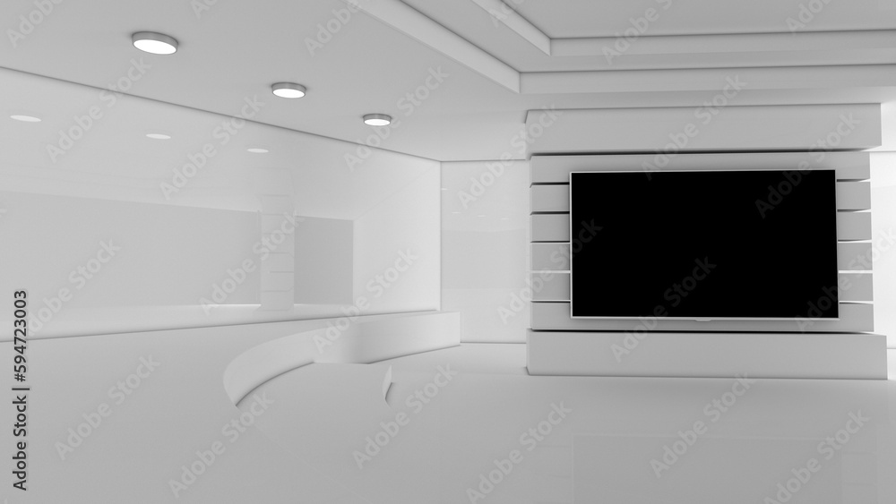 Tv Studio. News studio.3D rendering. White background. White studio ...