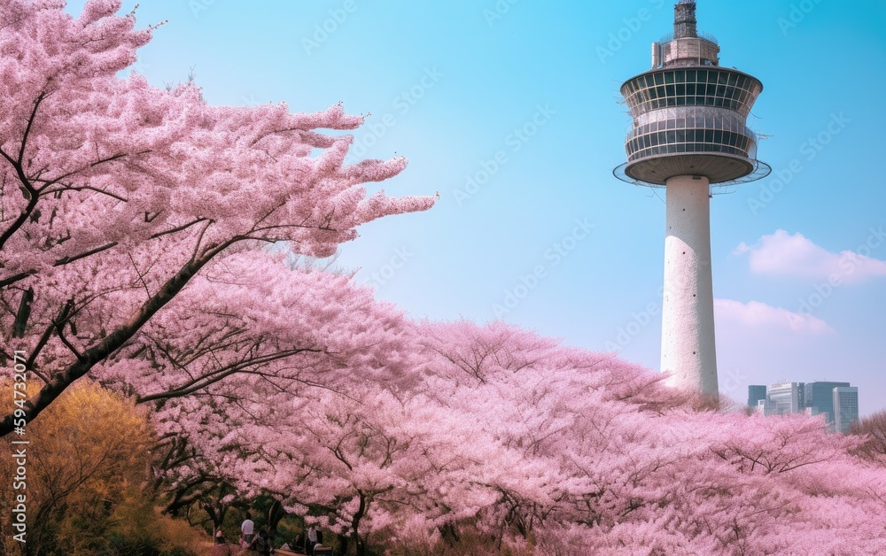 Seoul tower and pink cherry blossom, sakura season in spring,seoul in ...