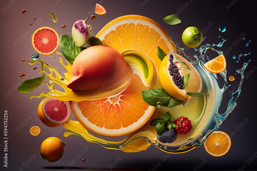 A group of different fruit with a splash of orange juice, AI digital ...