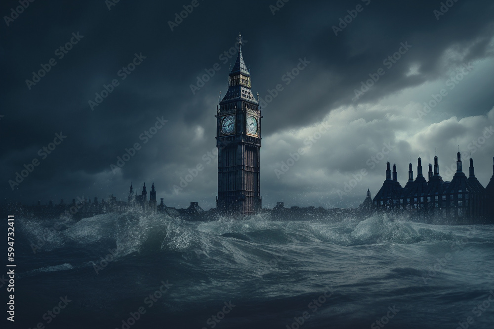 Big Ben and Westminster in London submerged in floodwaters, stormy sky ...