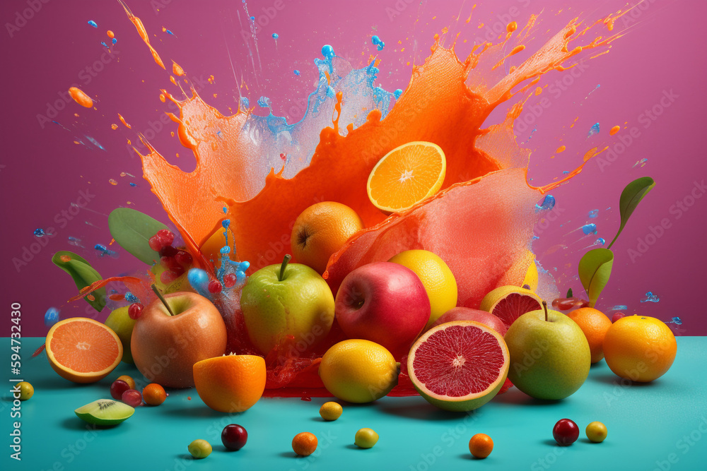 A group of different fruit with a splash of colorful juice, AI digital ...