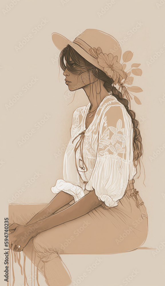 minimalist fictional female profile, style digital illustration, boho ...