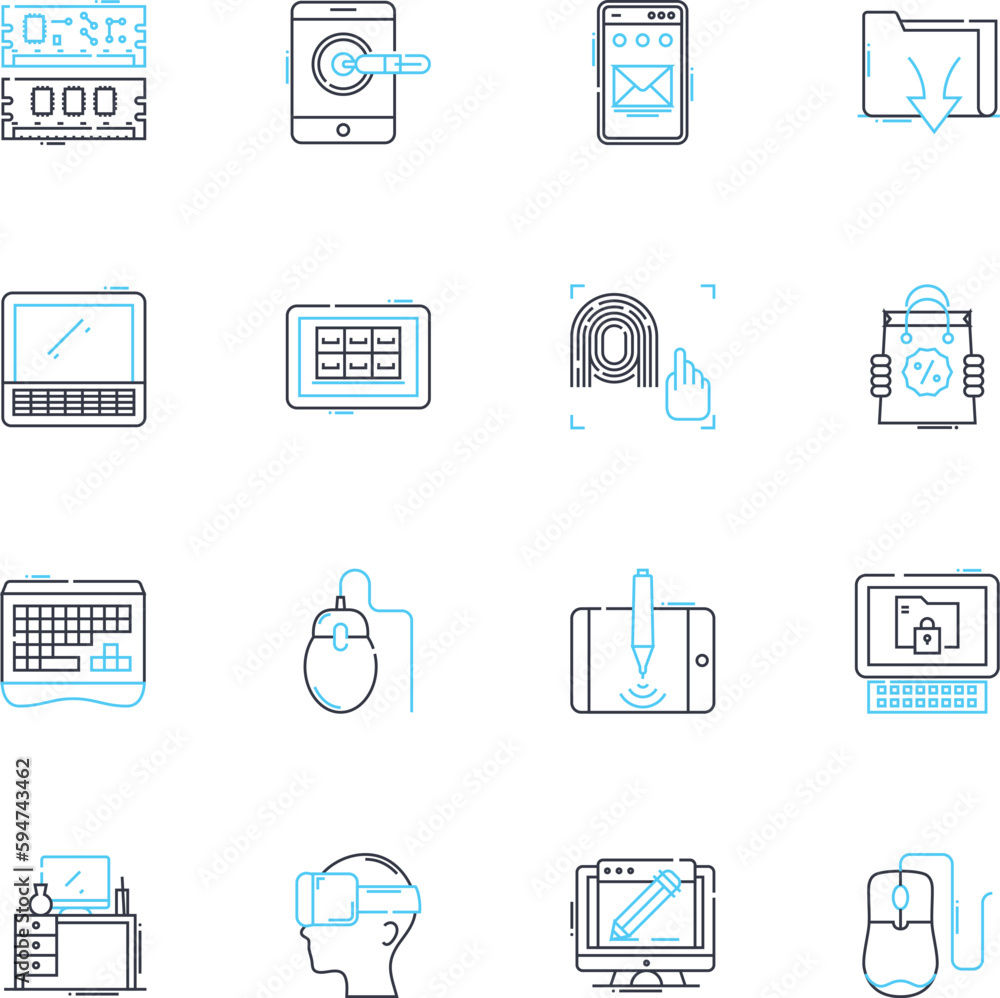 Gadget linear icons set. Smartph, Laptop, Tablet, Camera, Headphs, Earbuds, Smartwatch line ...