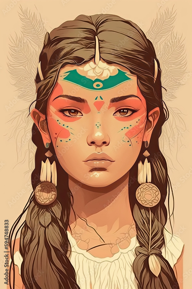 Fictional native American teen girl face, boho vector illustration ...