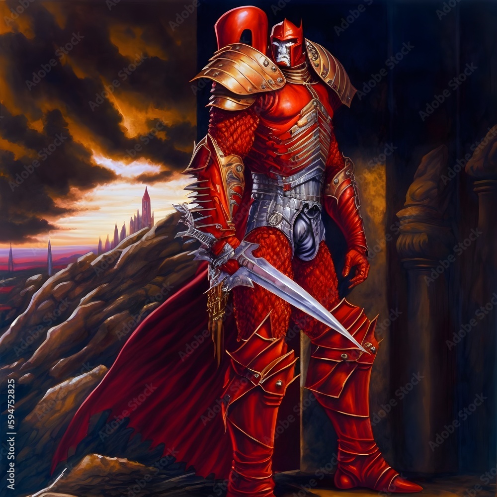 fighter wearing red plated armor the armor is layered Art style of ...