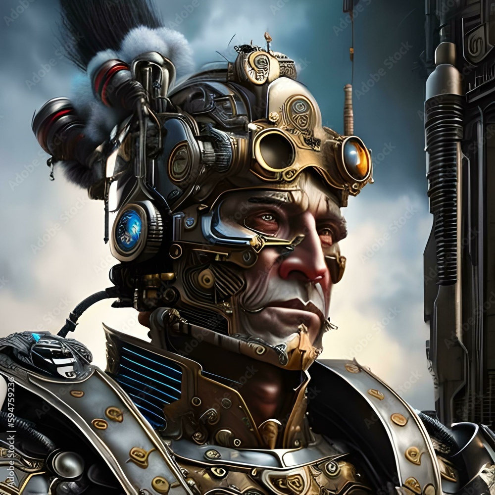 Futuristic and sci-fi human android portrait with pcb metallic skin and ...
