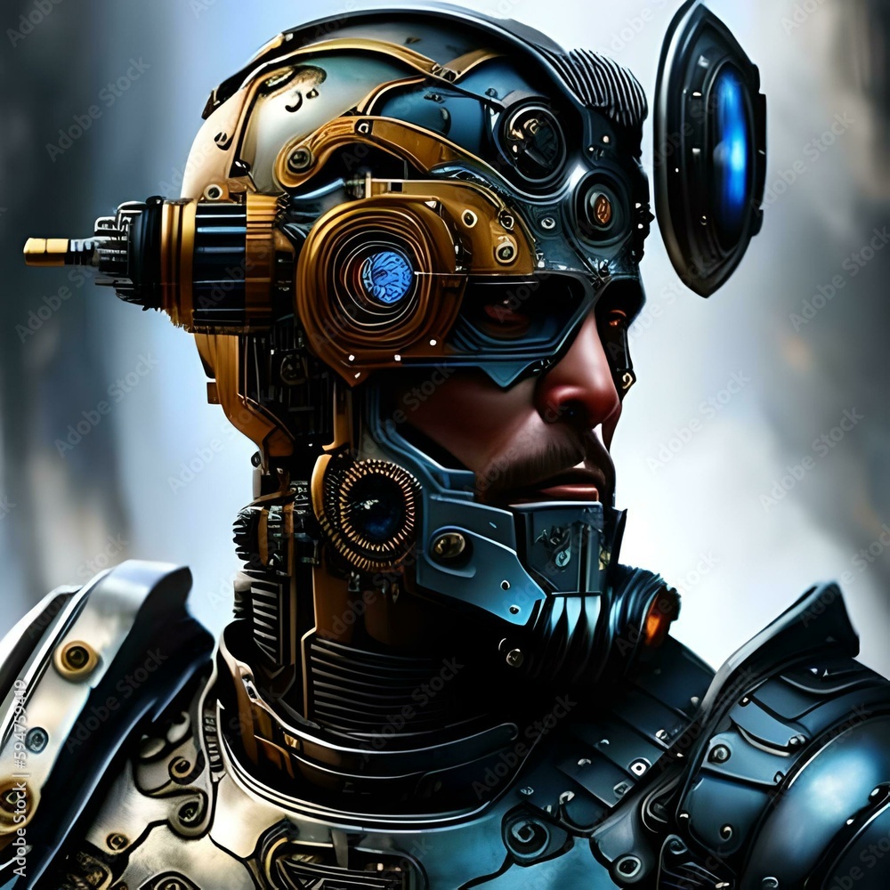 Futuristic and sci-fi human android portrait with pcb metallic skin and ...