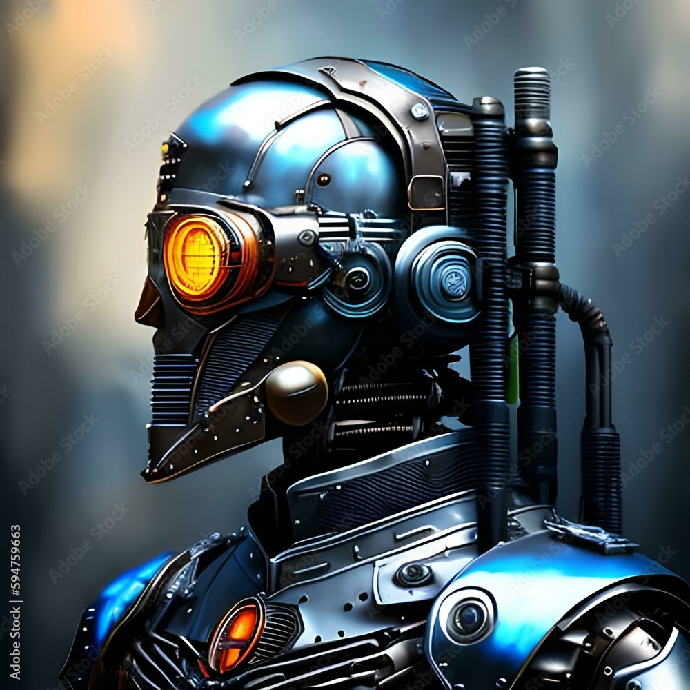 Futuristic and sci-fi human android portrait with pcb metallic skin and ...