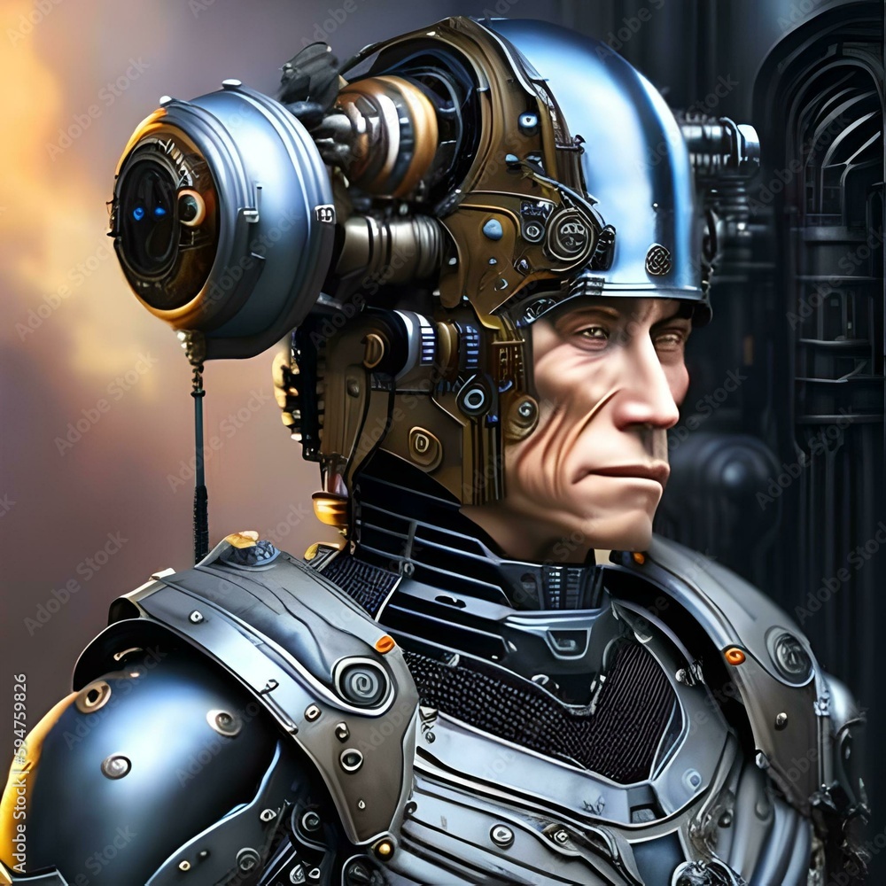 Futuristic and sci-fi human android portrait with pcb metallic skin and ...