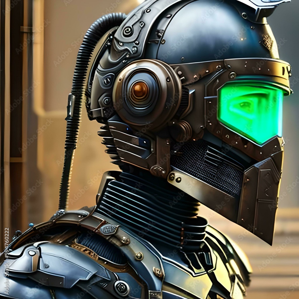 Futuristic and sci-fi human android portrait with pcb metallic skin and ...