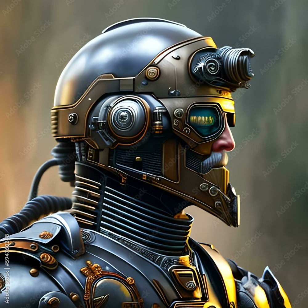 Futuristic and sci-fi human android portrait with pcb metallic skin and ...