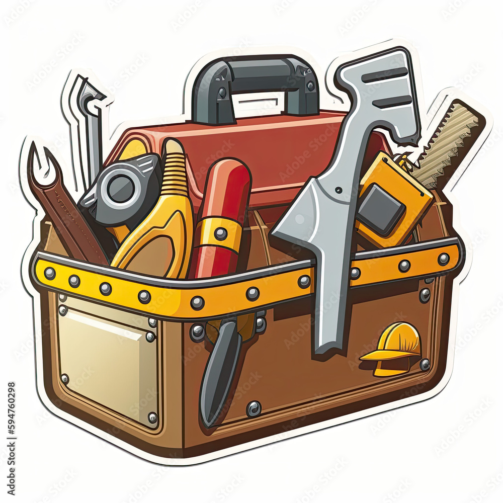 sticker, construction builder toolbox with tools, cartoon style ...