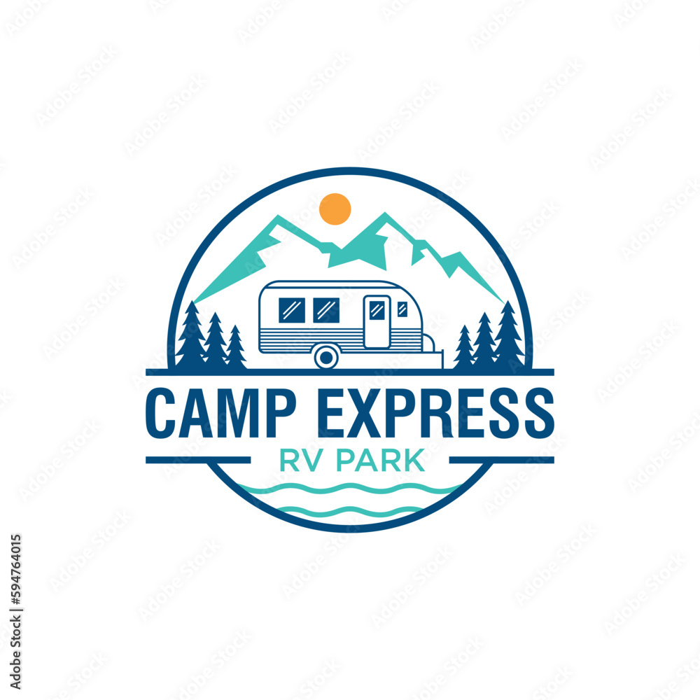 Rv Park caravan Camp with evergreen fir pine tree and mountain lake ...