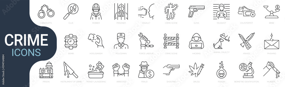 Set of line icons related to crime, criminal, illegal. Outline icon ...