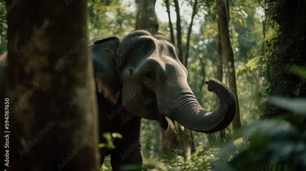 Elephant in a cinematic jungle forest background with beautiful colors ...
