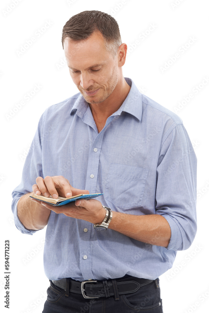 Notebook, schedule and agenda with a man reading notes, planning and ...