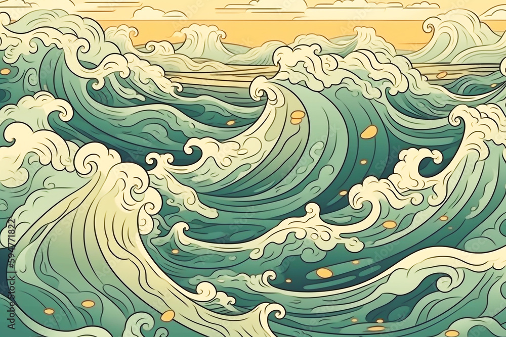 Ilustración dibujada de olas del mar. Olas rompiendo en medio del ...