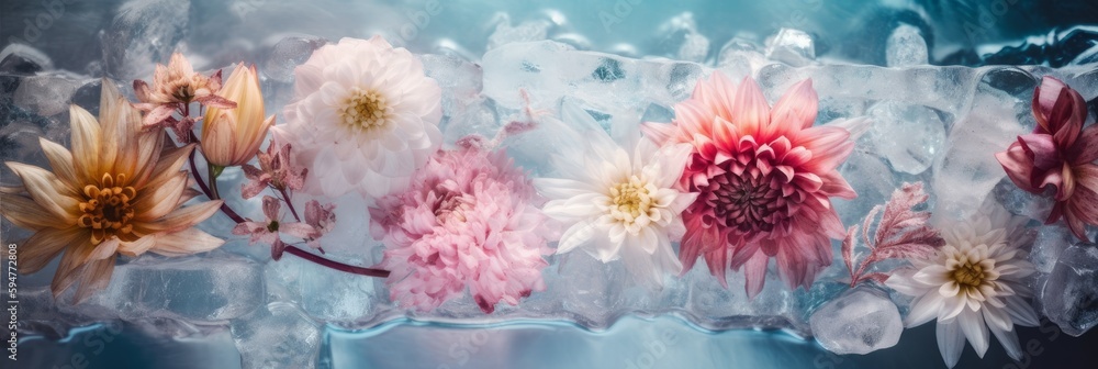 Beautiful fresh flowers frozen in ice and frost. Vivid pastel creative ...