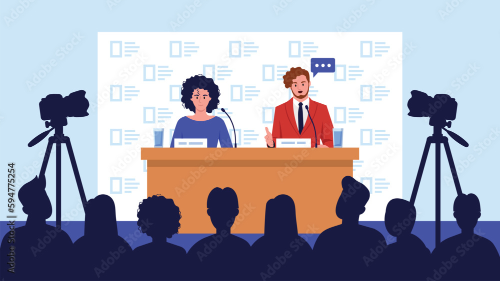 Vector illustration of a press conference. Cartoon scene with a man and ...