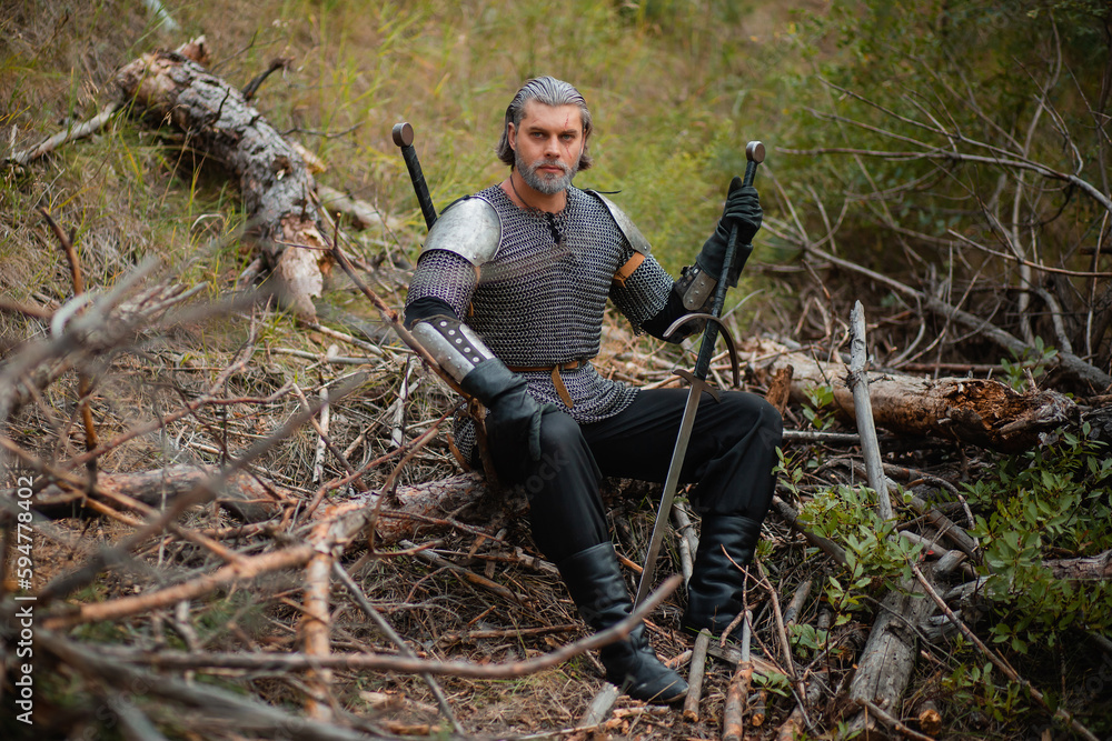 A gray-haired male warrior with a beard and a scar. In armor and with a ...