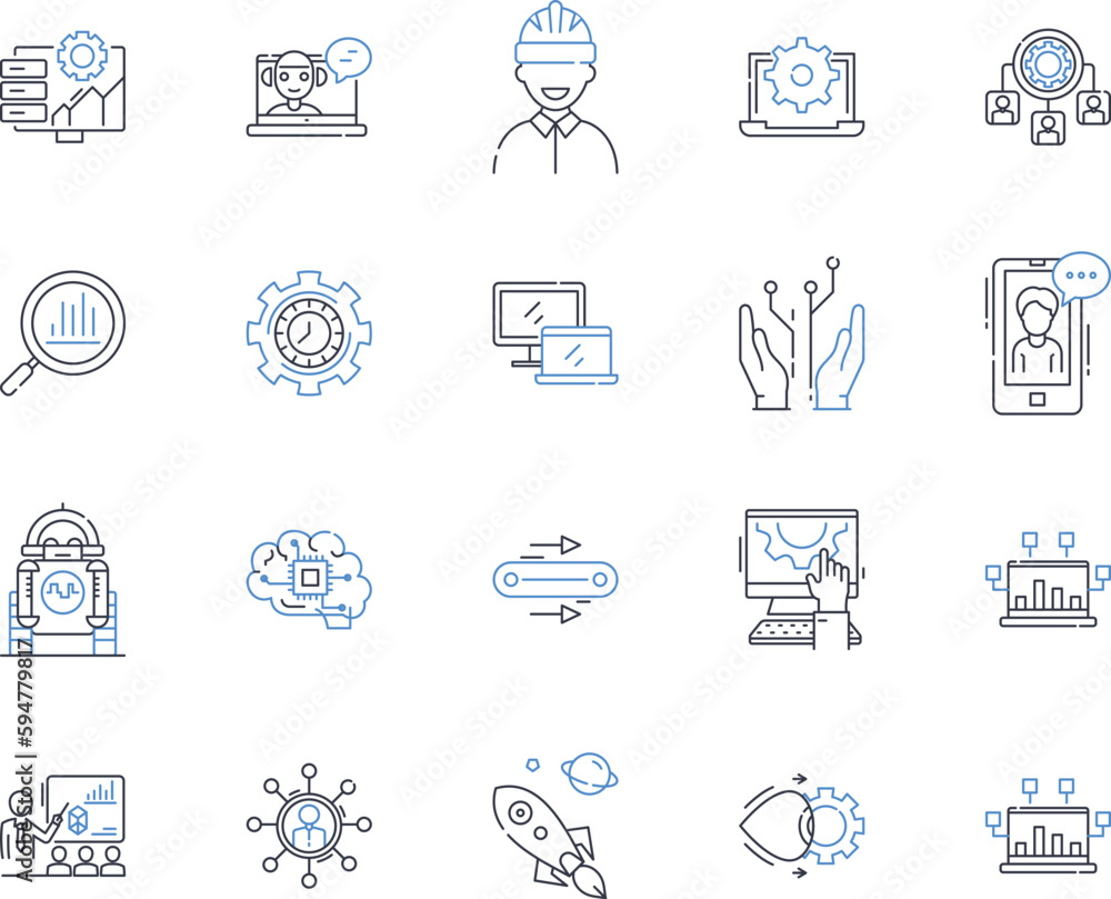 Machine-driven tools line icons collection. Automation, Efficiency, Robotics, Manufacturing ...