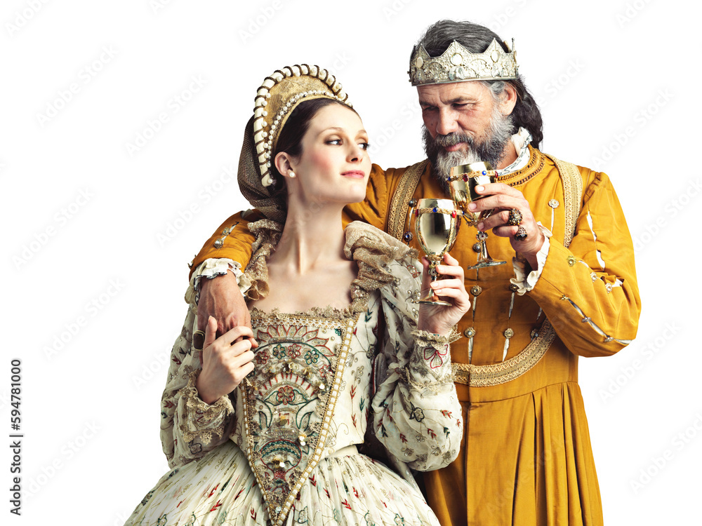 Cheers, king and queen in medieval costume, drink and celebration for ...