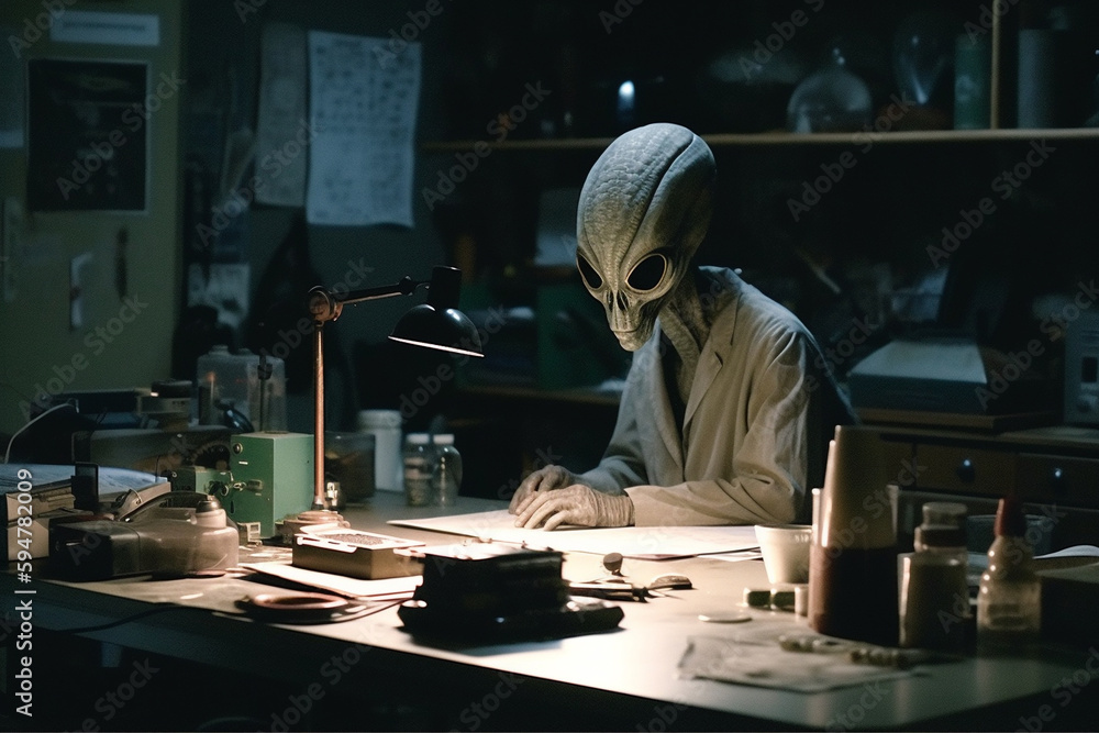 Lab alien at Area 51 studying materials or conducting scientific ...