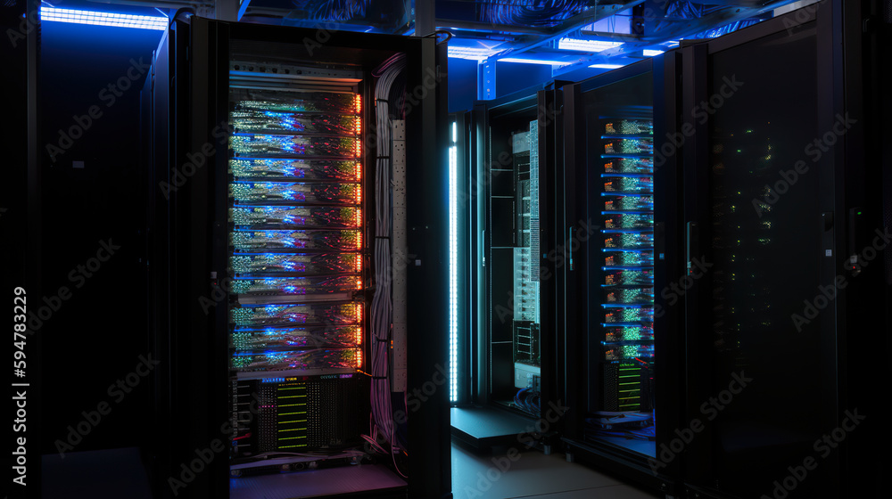 Unlock the potential of a server room illuminated by glowing lights and ...