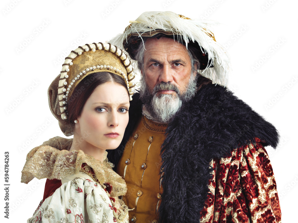 Medieval fashion, theatre and portrait of couple in vintage costume ...