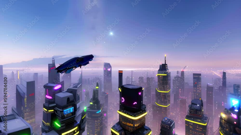 A futuristic flying vehicle flies above a cyberpunk metropolis of ...