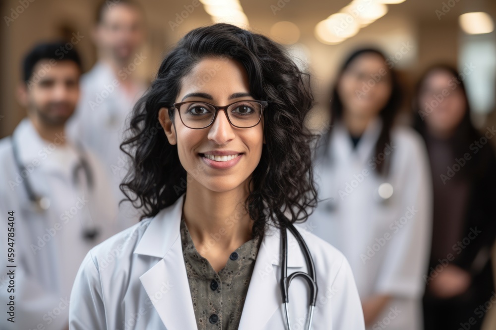 Group portrait photography of a cheerful doctor in her 40s wearing a ...