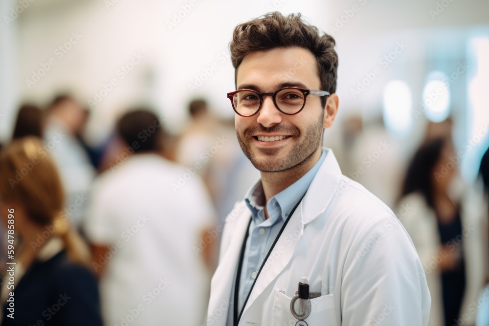 Lifestyle portrait photography of a grinning doctor in his 30s wearing ...