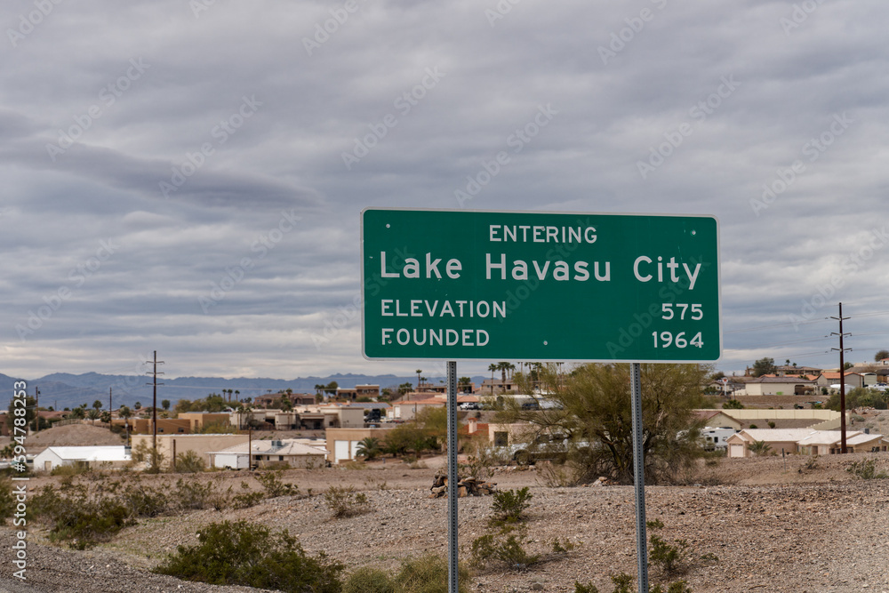 Entering Lake Havasu City sign with Elevation 575 and Founded 1964 ...